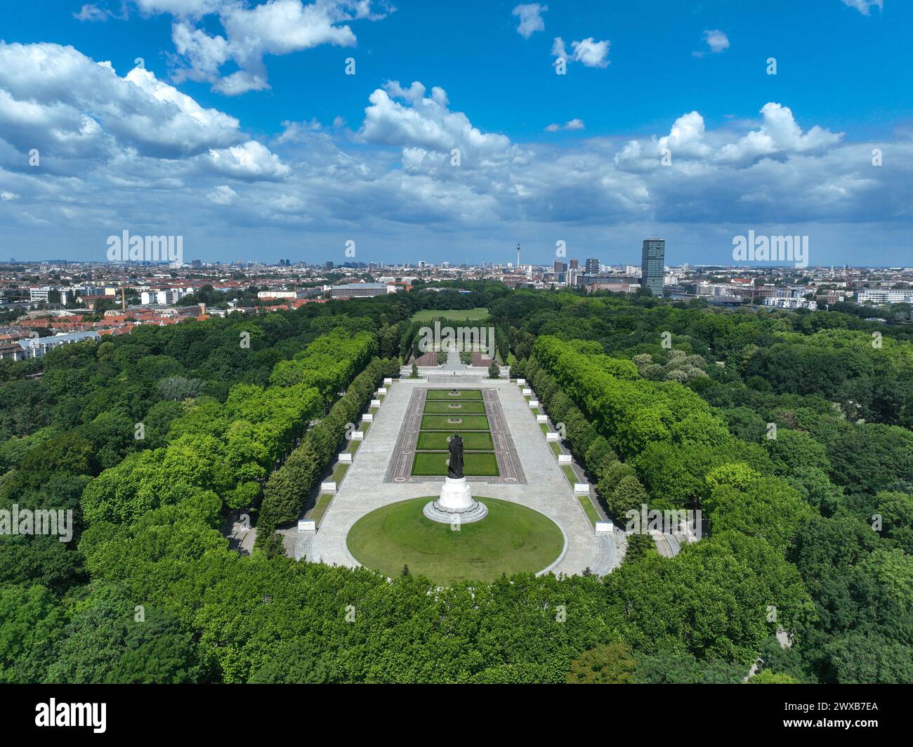 Aerial view of Soviet War Memorial with a great Red Army soldier in ...