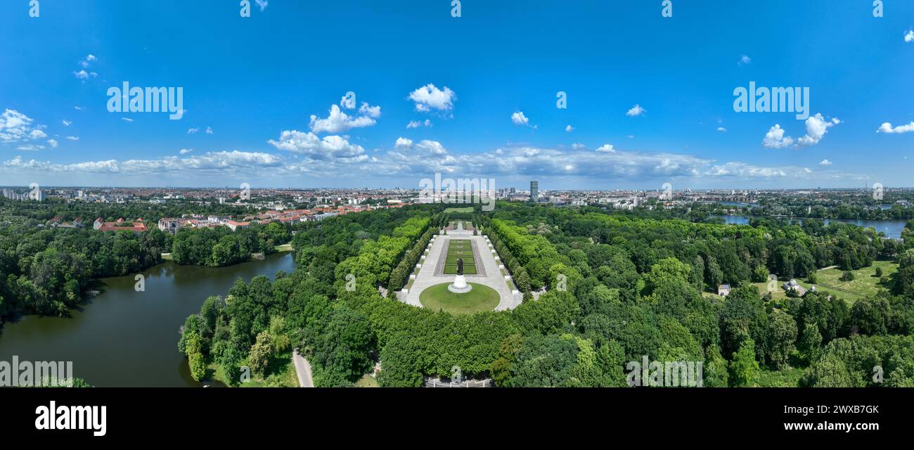 Aerial view of Soviet War Memorial with a great Red Army soldier in ...