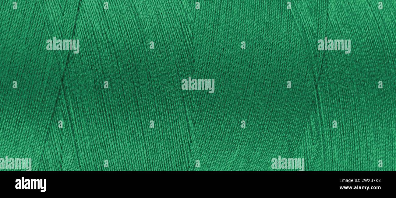 Texture of green color threads in spool close up, macro. Wide banner ...