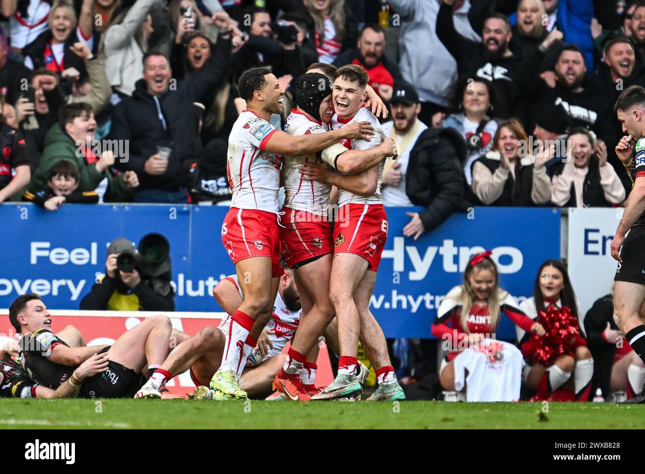 Konrad Hurrell of St. Helens celebrates his try during the Betfred ...