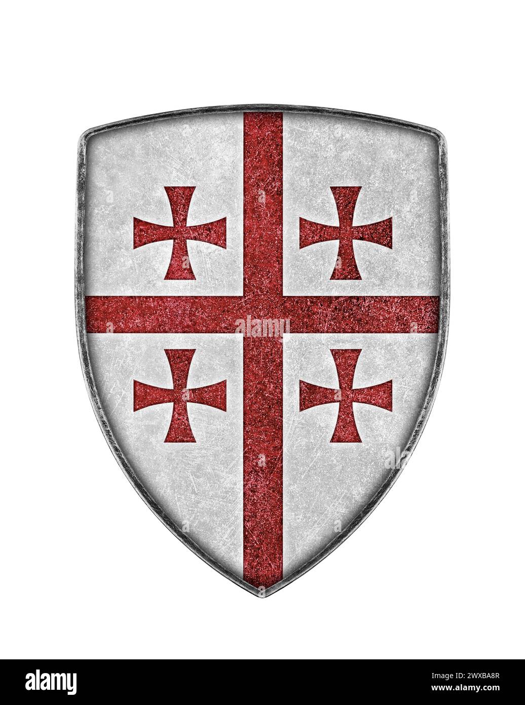 Old metal crusaders shield with red cross isolated on white background ...
