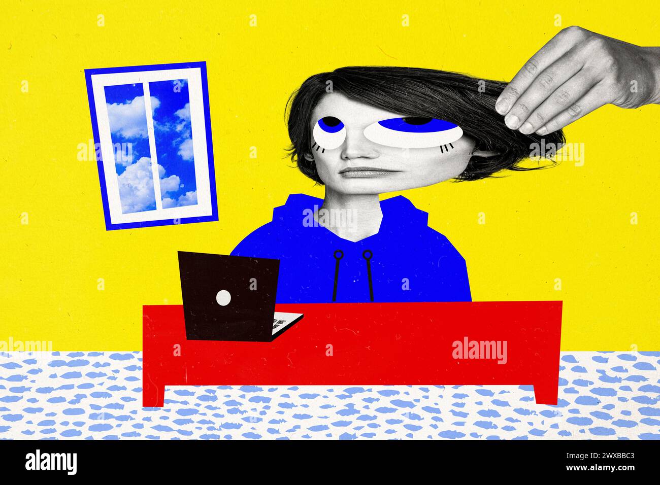 Collage sketch artwork of hand hold tired exhausted upset lazy woman ...