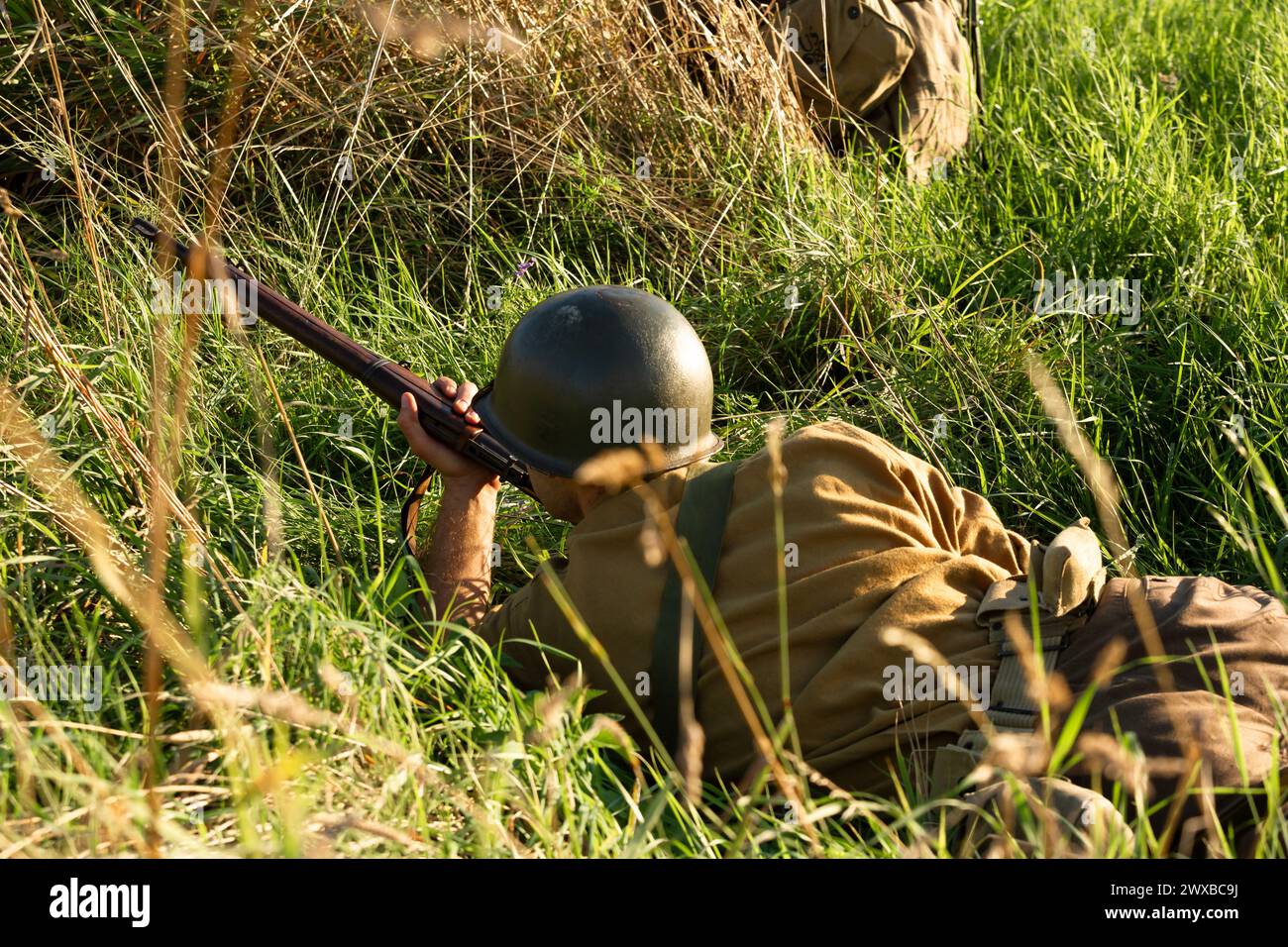 Historical reconstruction. An American infantry soldier from the World ...