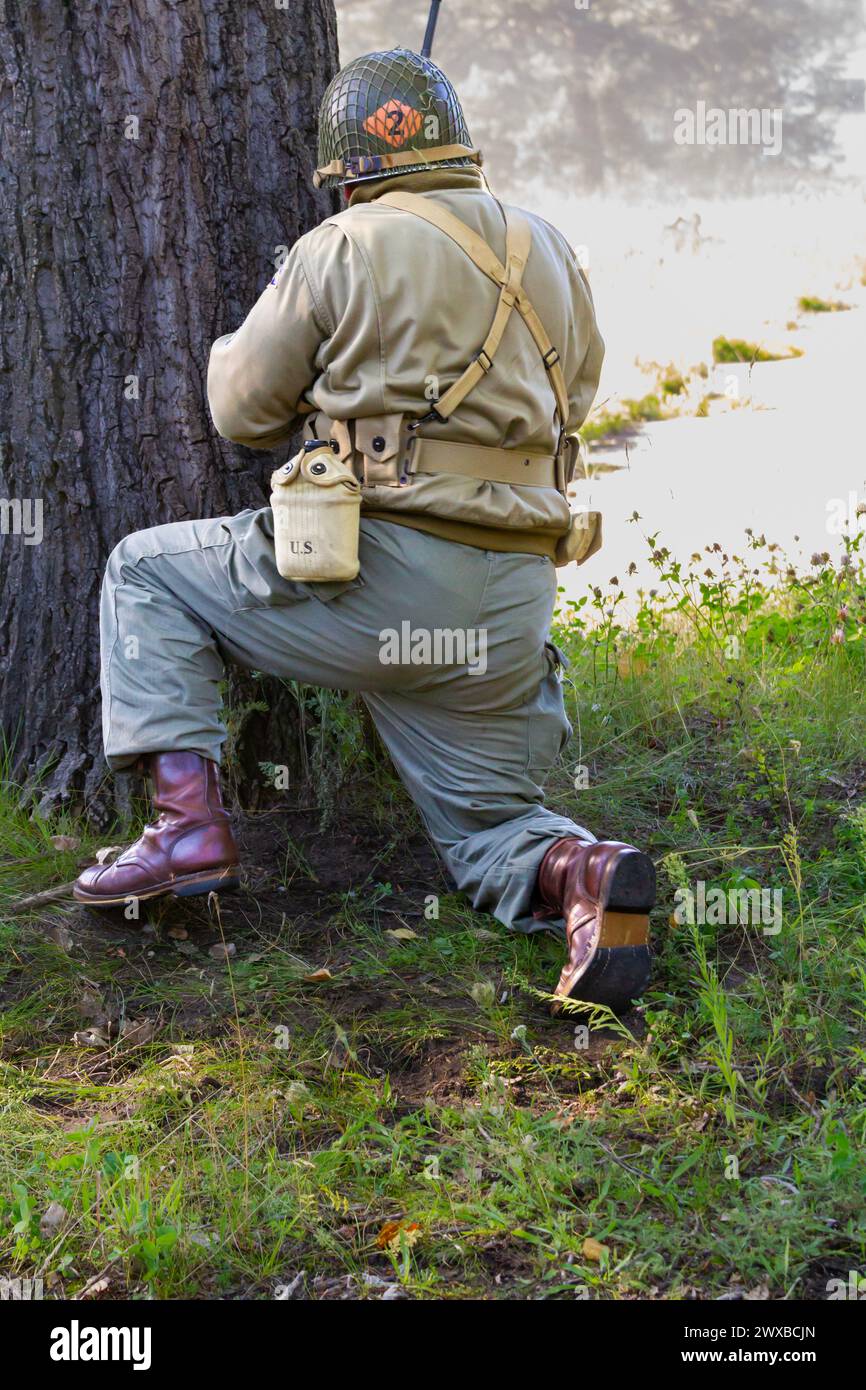 Historical reconstruction. An American infantry soldier from the World ...