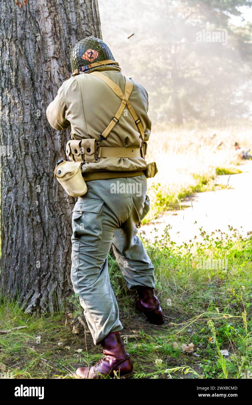 Historical reconstruction. An American infantry soldier from the World ...