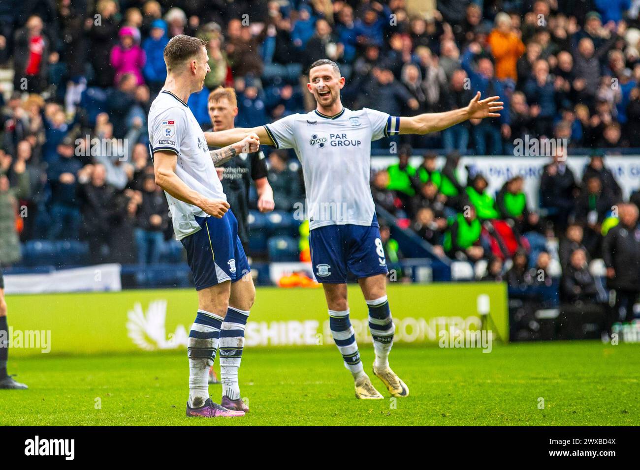 Alan Browne #8 of Preston North End celebrates Ched Evans #9 of Preston ...