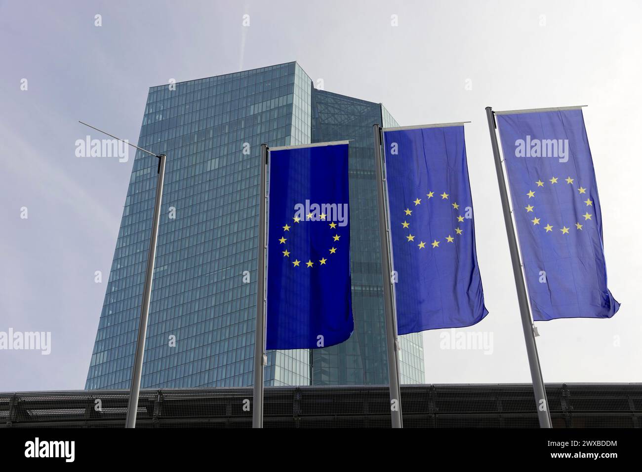The new European Central Bank, ECB, European flags fly in front of a ...