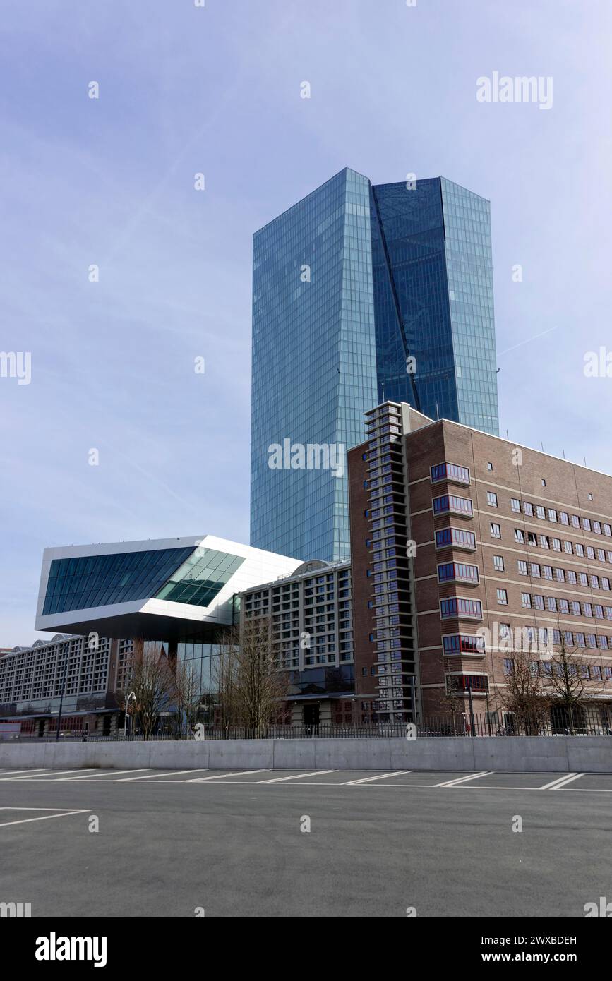 The new European Central Bank, ECB, Two striking buildings, one with a ...