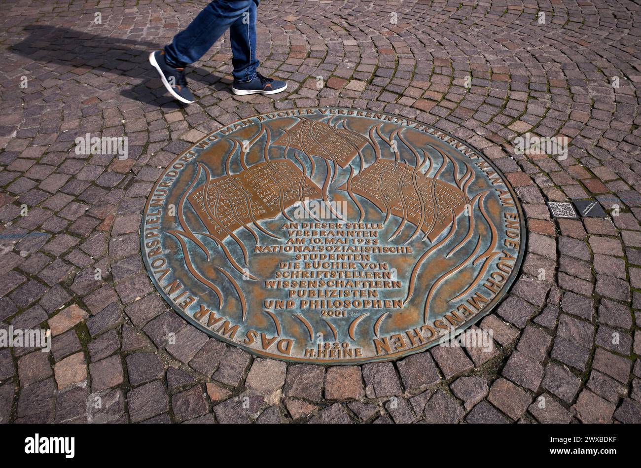 Pedestrian, memorial plaque, commemorating the burning of books by the ...
