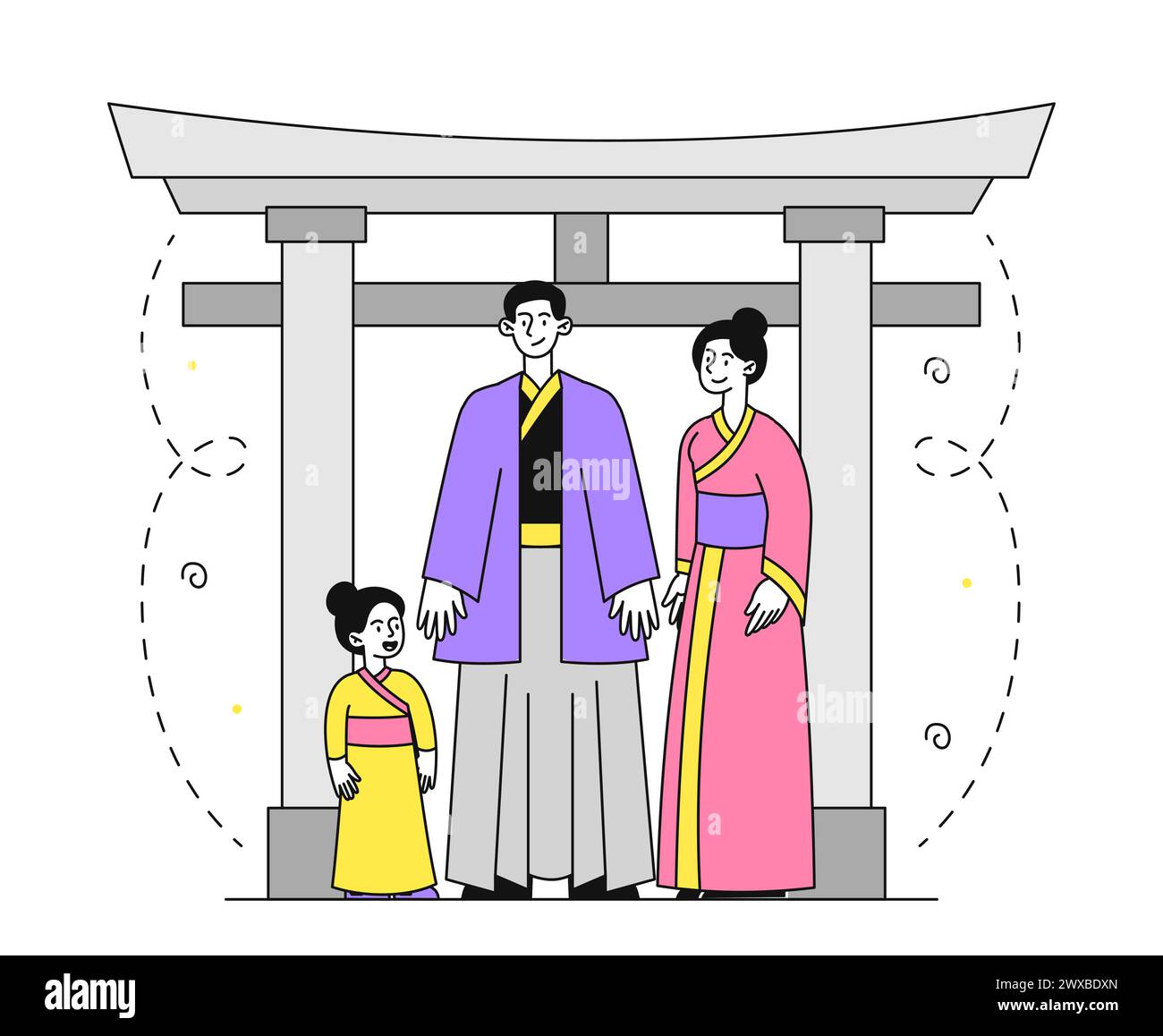 Asian family linear. Man and woman with kid in traditional indian and ...