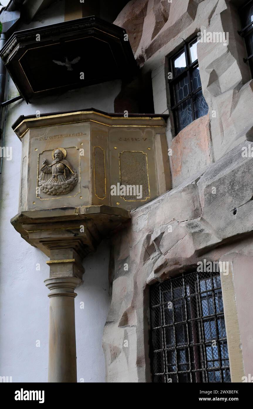 St Salvator pilgrimage site, stone pulpit with relief on the facade of ...
