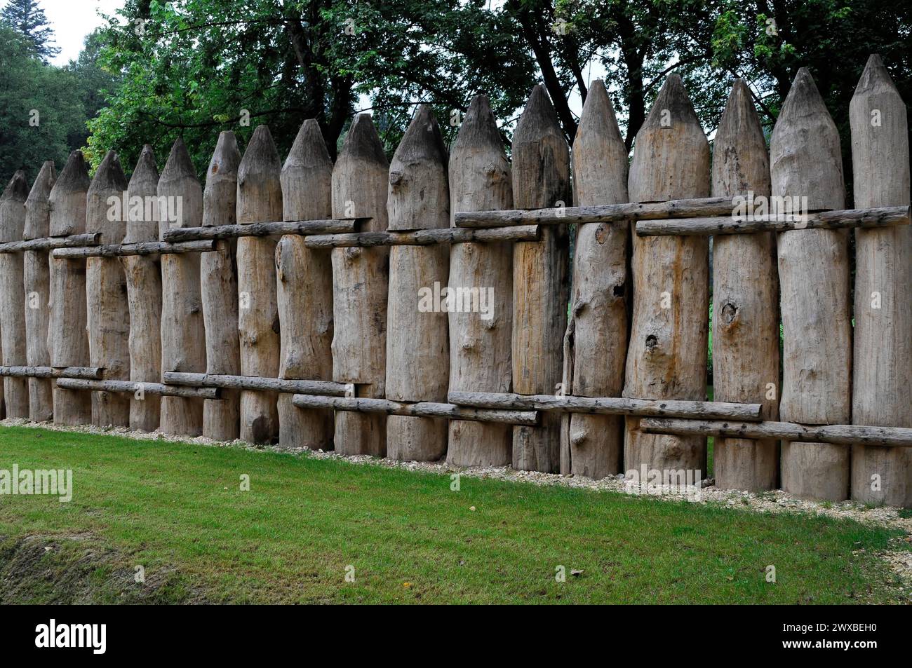 Reconstruction of an old wooden palisade under a cloudy sky, Limes ...