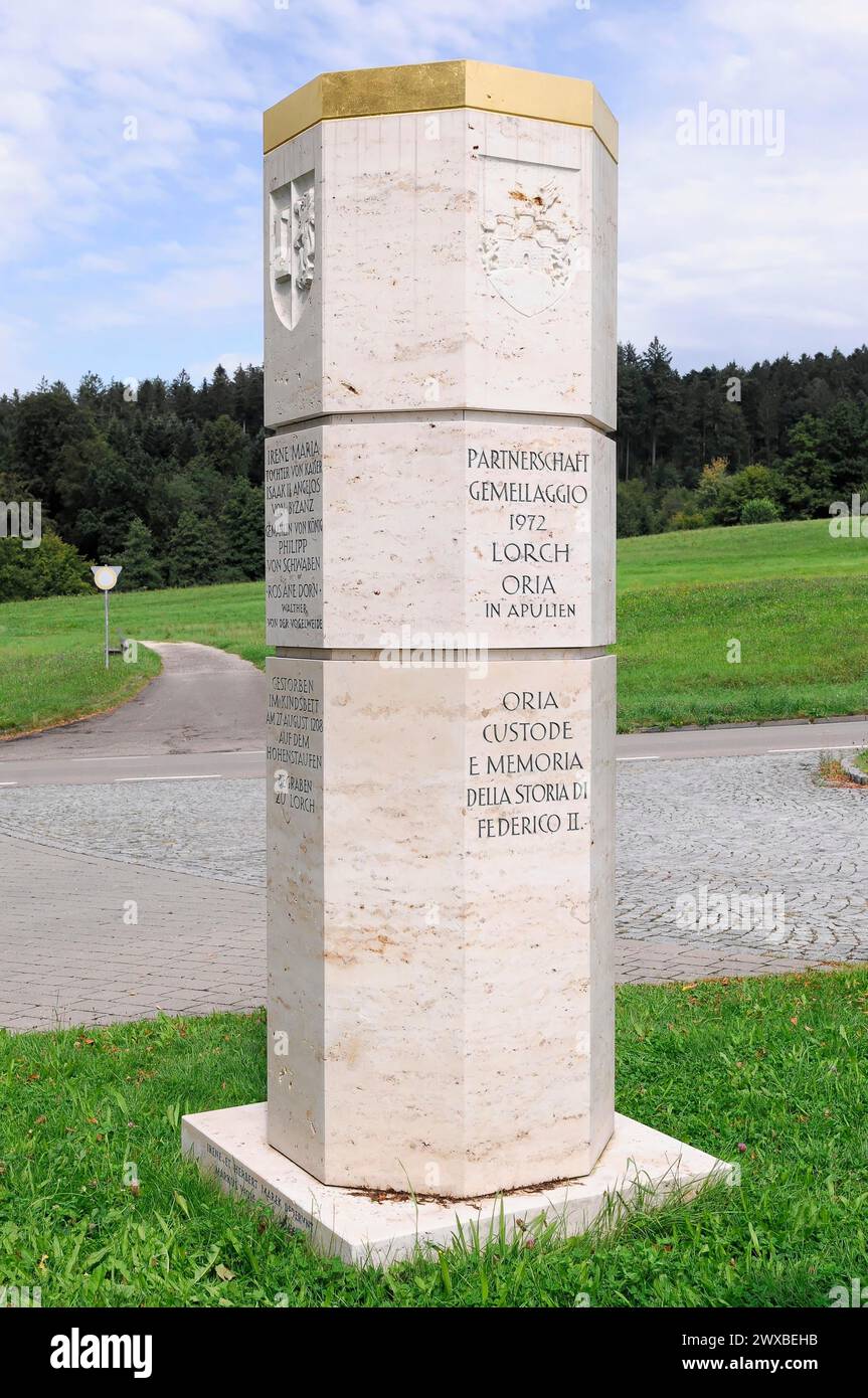 A white monument with engraved inscriptions stands outdoors, Lorch ...