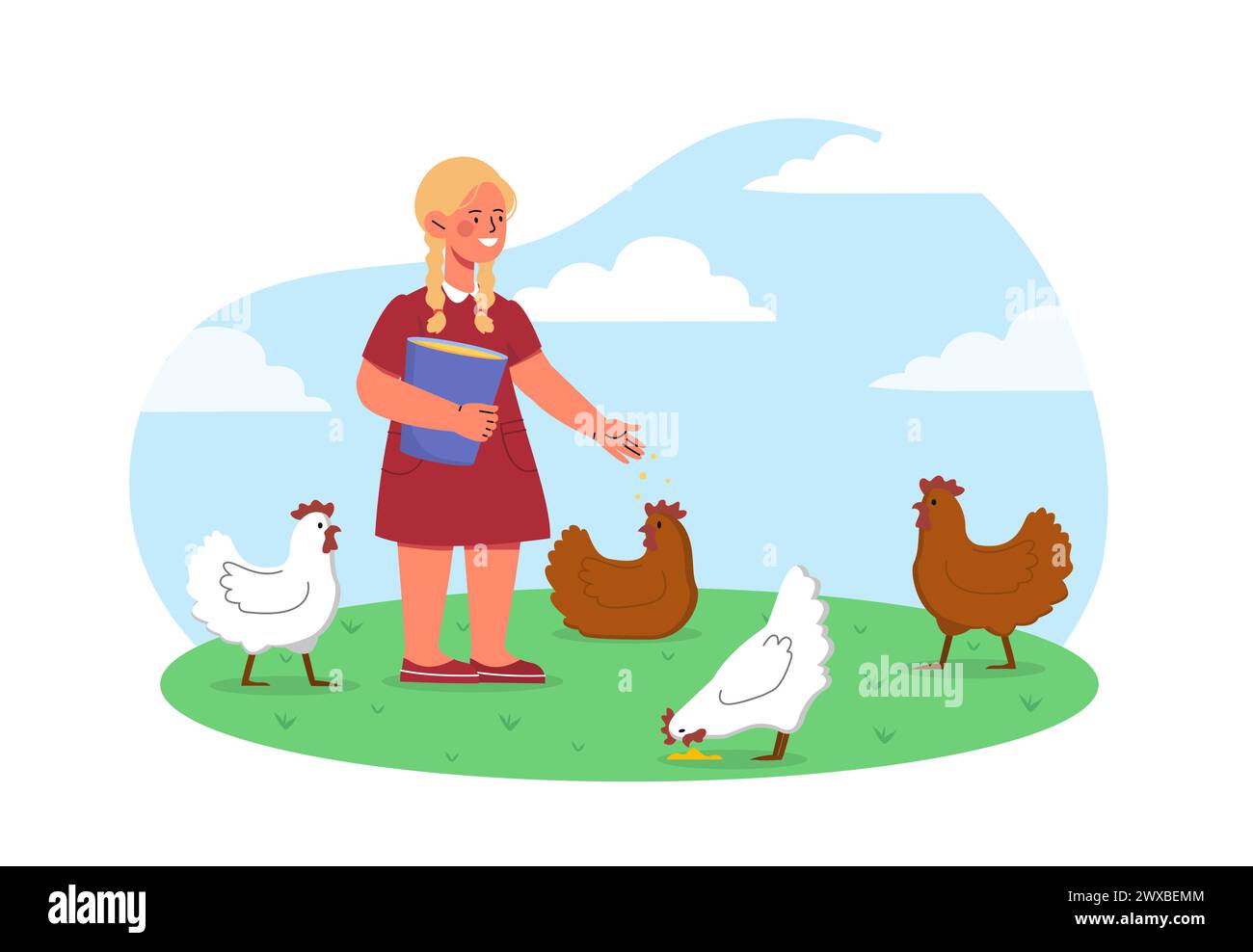 Girl feeds chickens concept. Kid with food for hens. Farming and ...