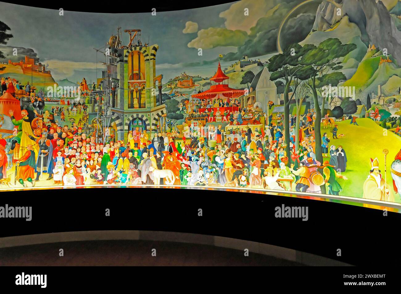 A colourful panoramic painting with a variety of characters depicted ...
