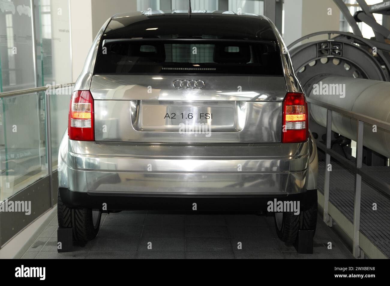 Museum mobile, Audi Museum, The rear view of a silver modern Audi A2 in ...