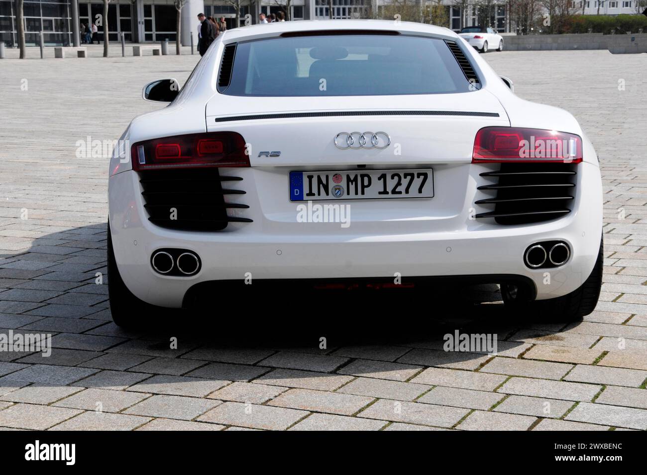 A white Audi R8 rear view with an EU licence plate and a rear diffuser ...