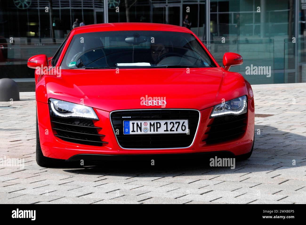 Close-up of the front end of a red Audi R8 sports car, Museum mobile ...