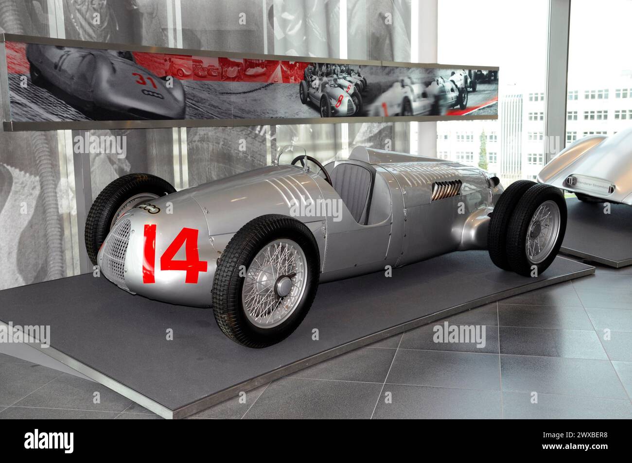Museum mobile, Audi Museum, Silver historic racing car with the number ...