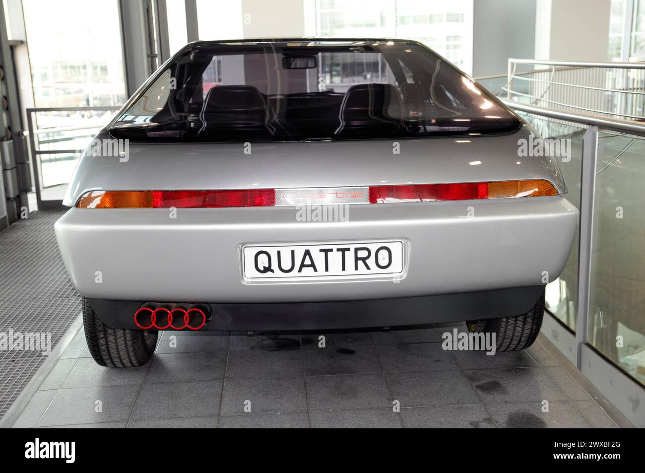 Museum mobile, Audi Museum, Rear view of a silver, modern Audi with the ...