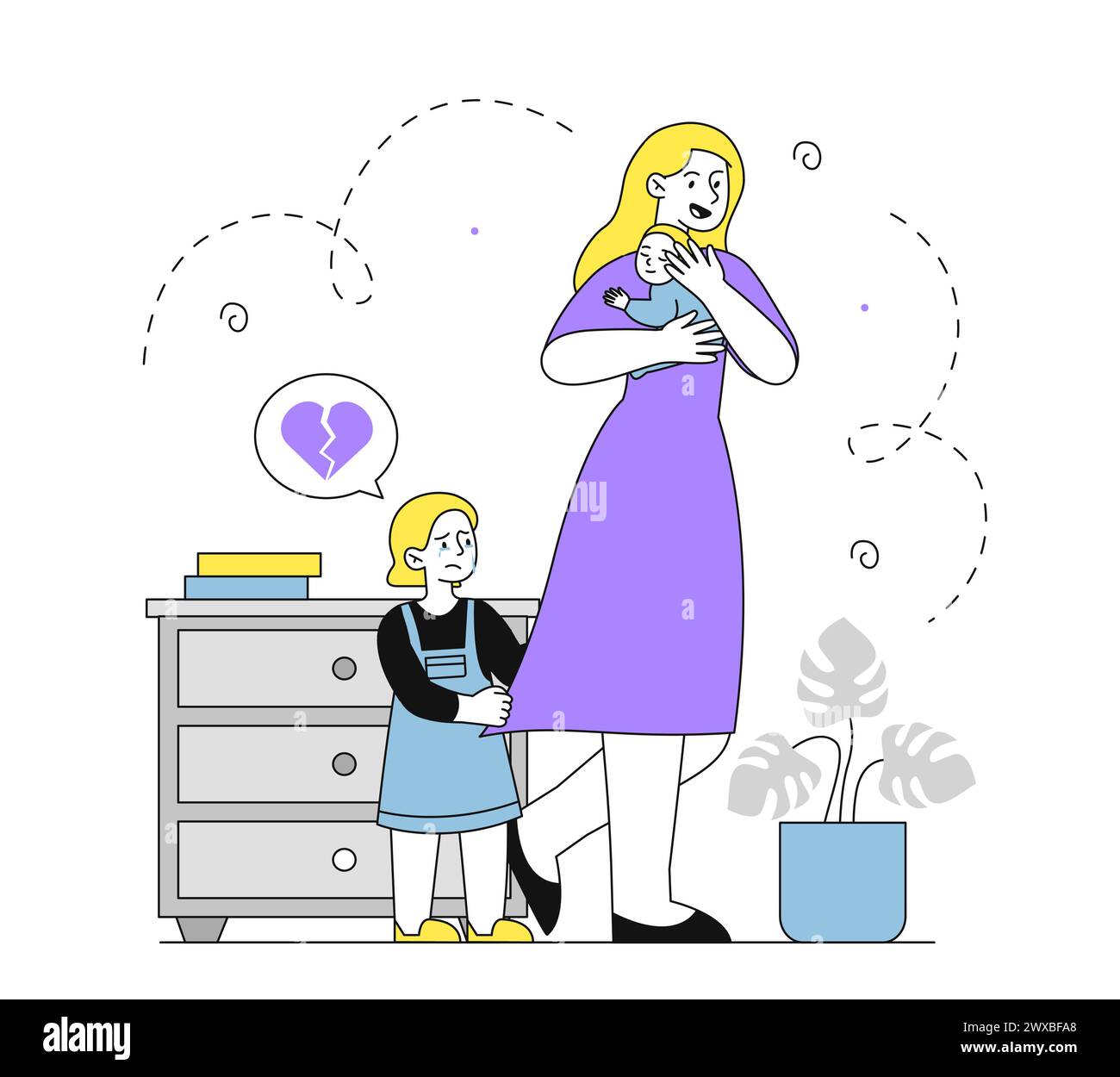 Jealous daughter linear. Woman with son at hands and crying girl ...