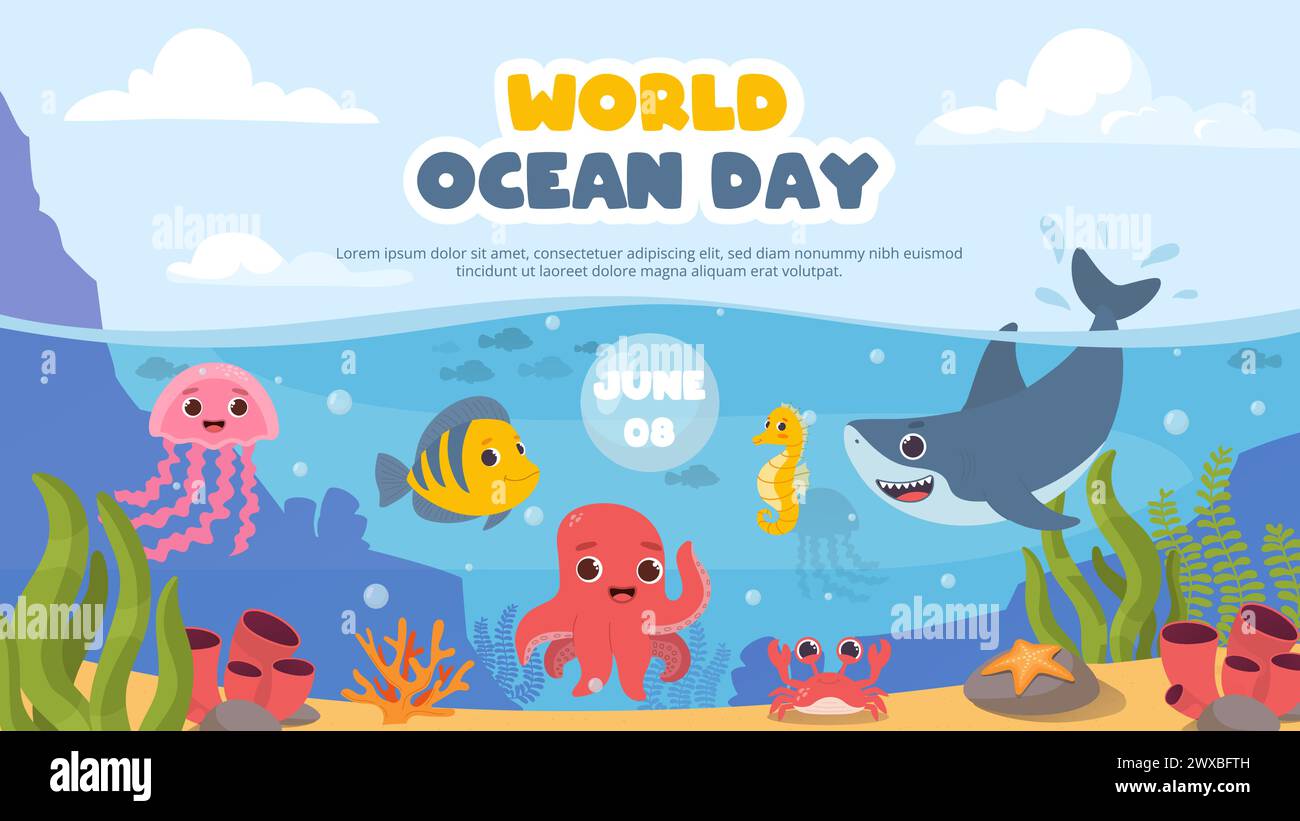 World ocean day poster. Octopus, shark and fish near reefs and corrals ...