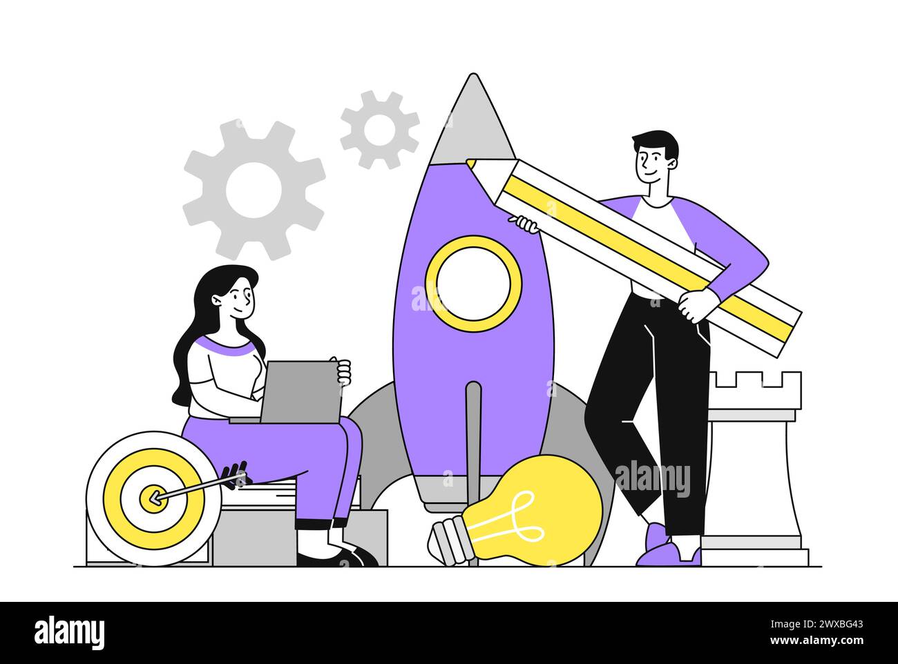 People starting business project linear. Man and woman near rocket ...