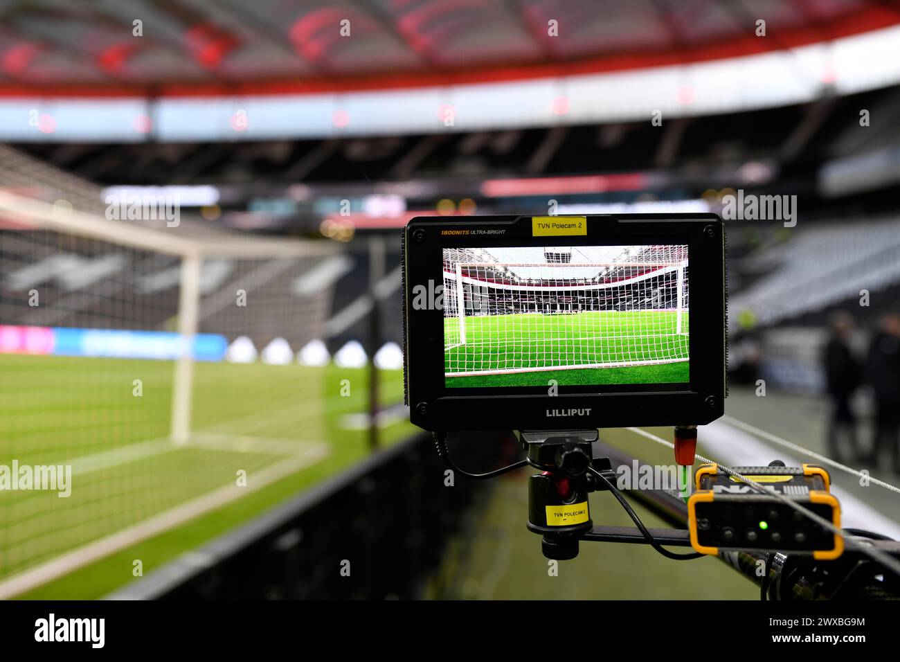 Interior, monitor, screen of a behind-goal camera, goal net ...