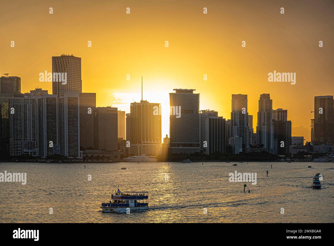 Miami, Florida, USA - July 29, 2023: Ground level sun behind Biscayne ...