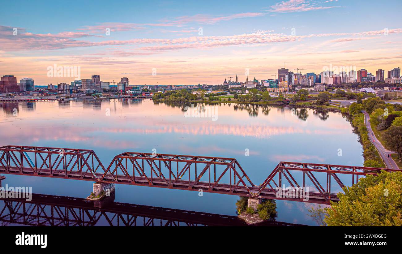 Aerial panorama view of river and downtown Ottawa and Gatineau at sunset, Canada Stock Photo - Alamy