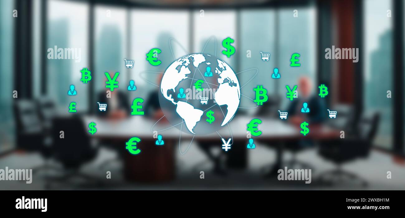 FinTech, financial technology, hologram of planet earth with symbols of ...