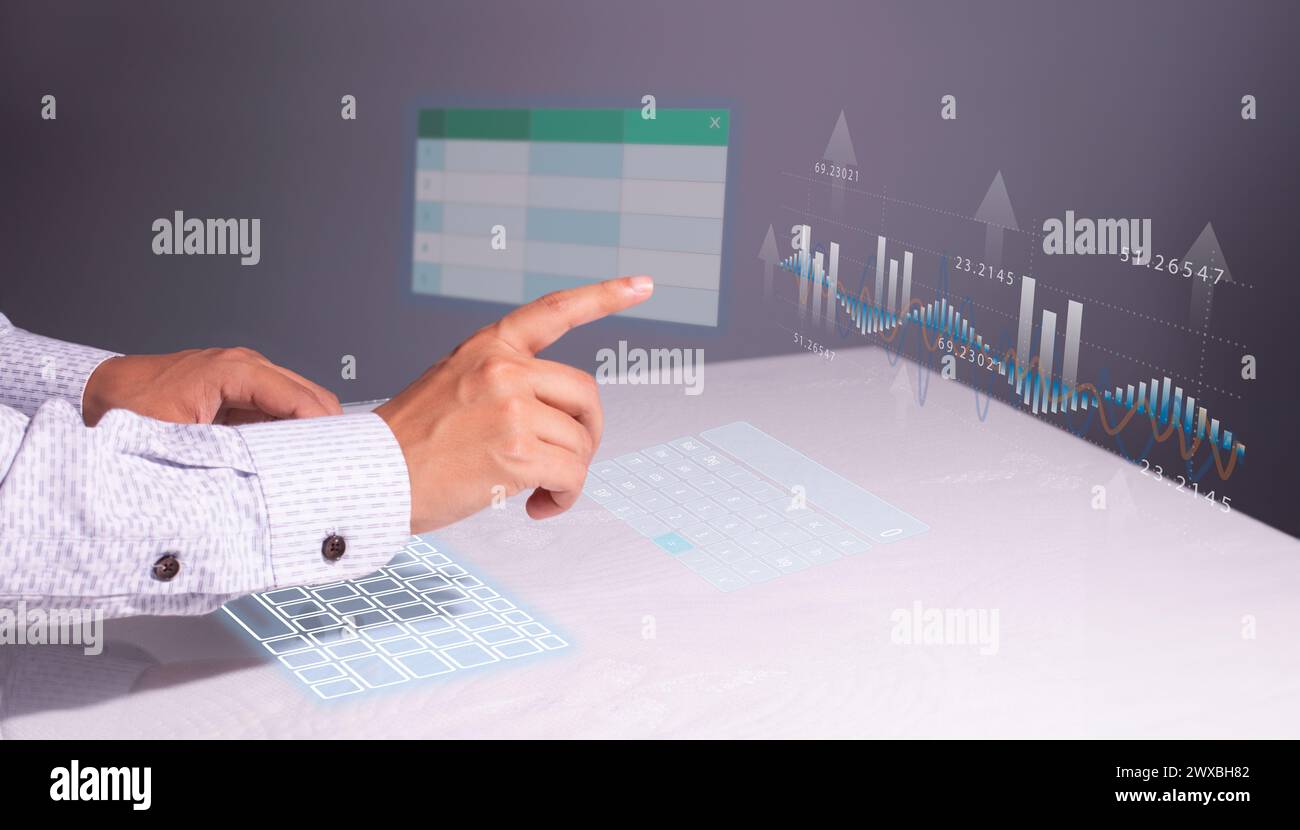 data analysis concept. interaction with business graphics holographic ...