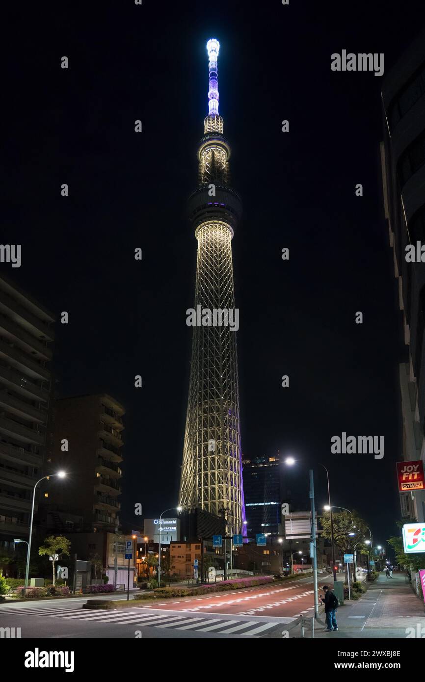 634 meters high Tokyo Skytree, broadcasting and observation tower in Sumida illuminated at night ...