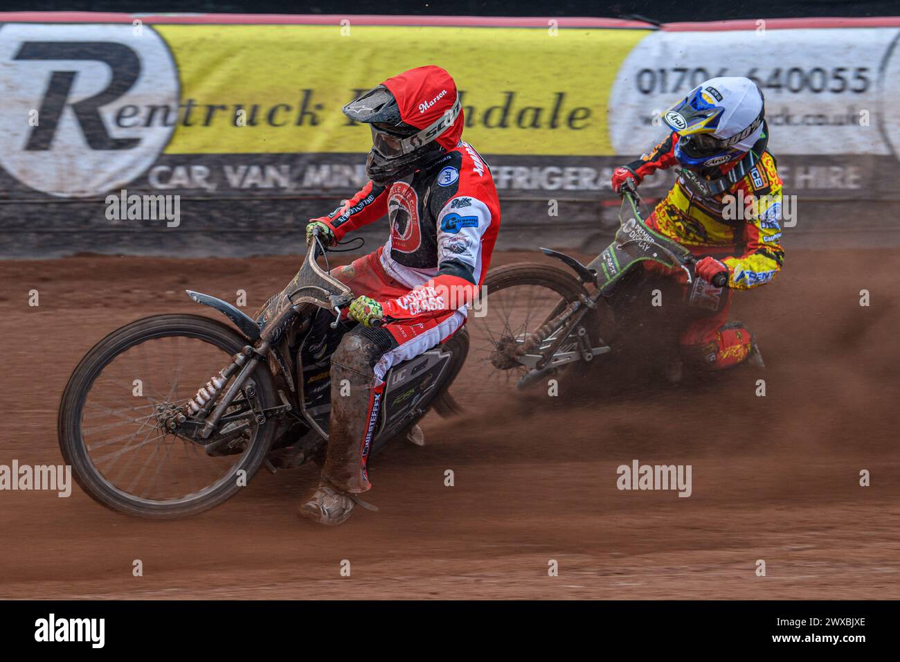 Belle Vue Colts' Matt Marson (Red) leads Leicester Lion Cubs' Tom ...