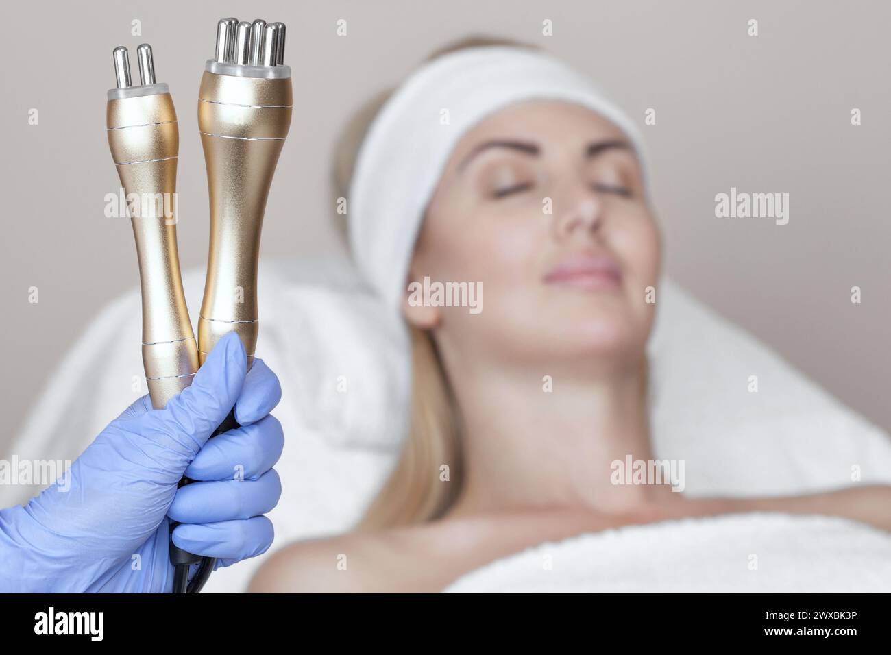 Portrait of woman getting rf-lifting. Rf lifting procedure in a beauty ...