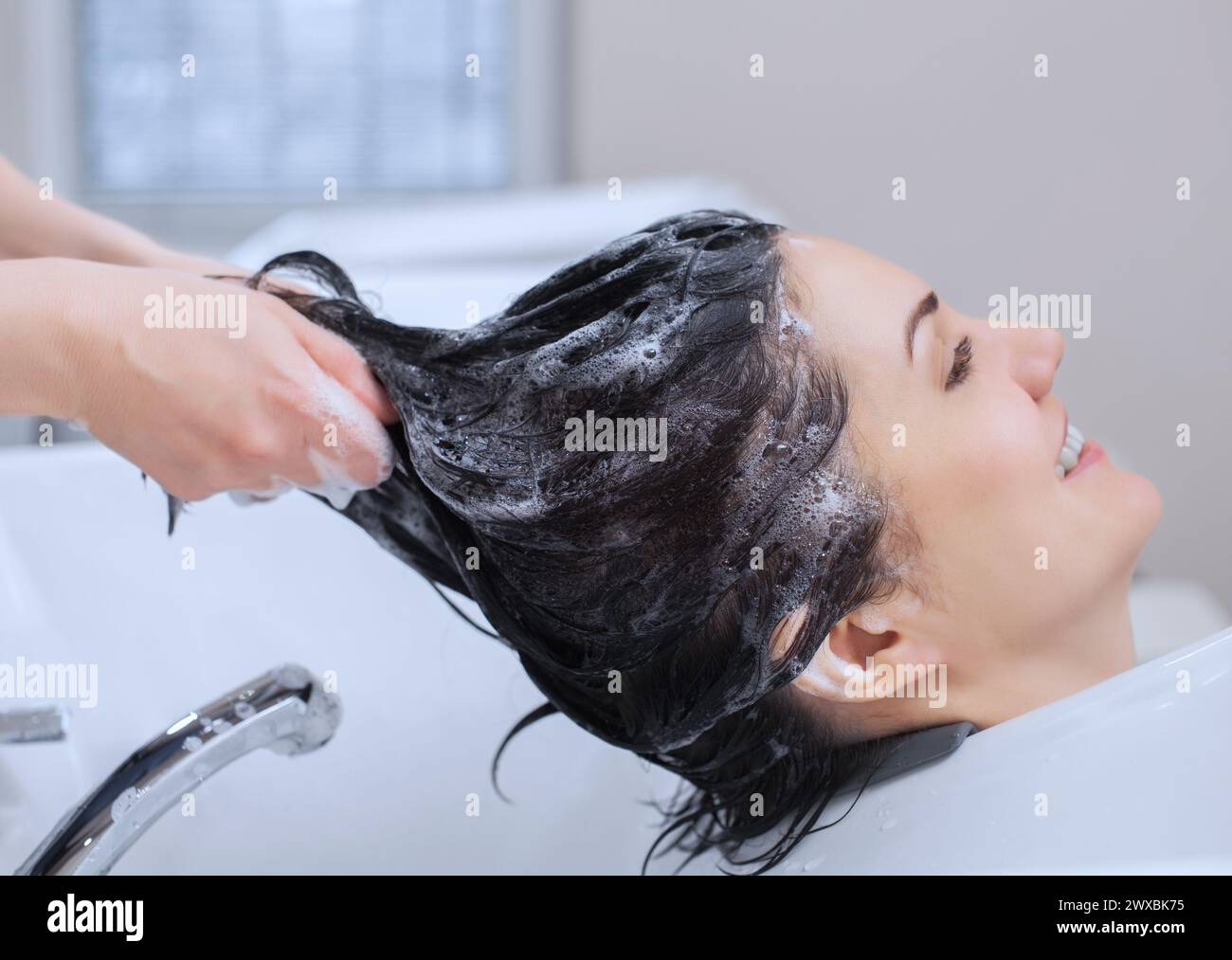 The hairdresser washes the client's hair with shampoo in a beauty salon ...