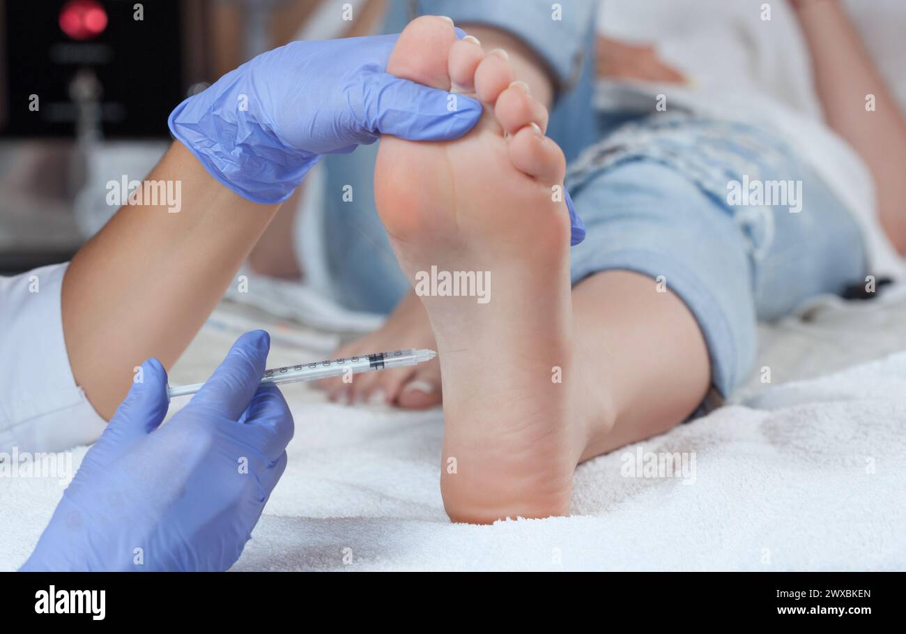 The doctor makes intramuscular injections of botulinum toxinon the feet ...