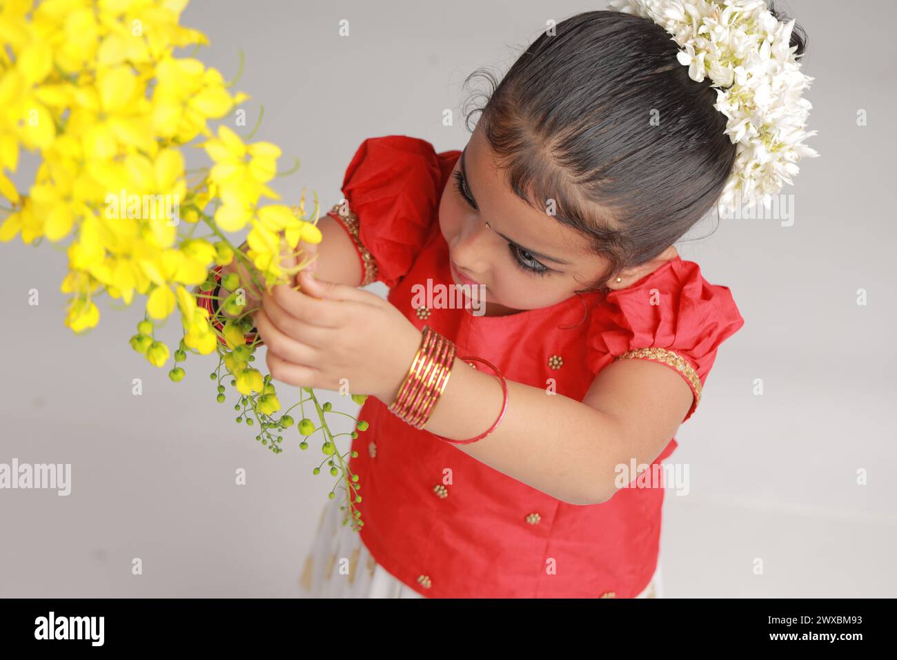 A cute small girl child wearing Kerala dress-golden colour long skirt and red blouse with golden ...