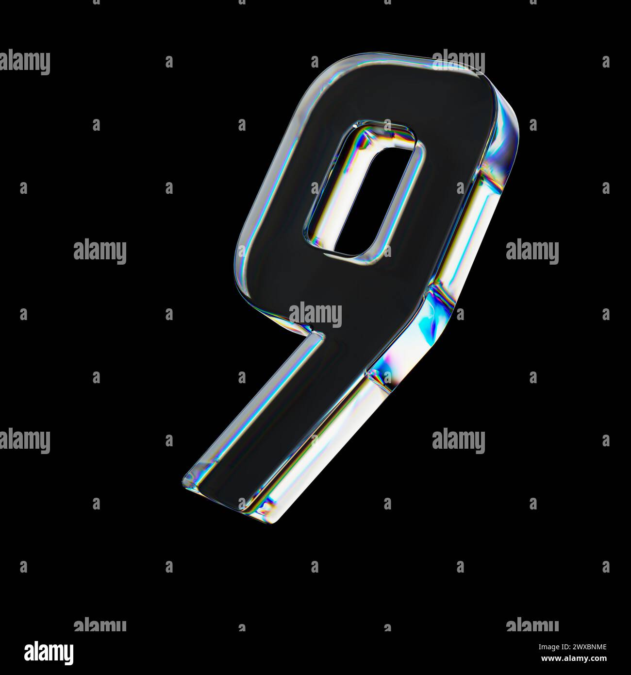3d Transparent glossy number 9 with dispersion effect. Rainbow colors ...