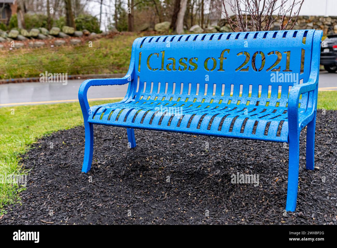 Powder coated blue metal bench with class of 2021 text on back rest ...