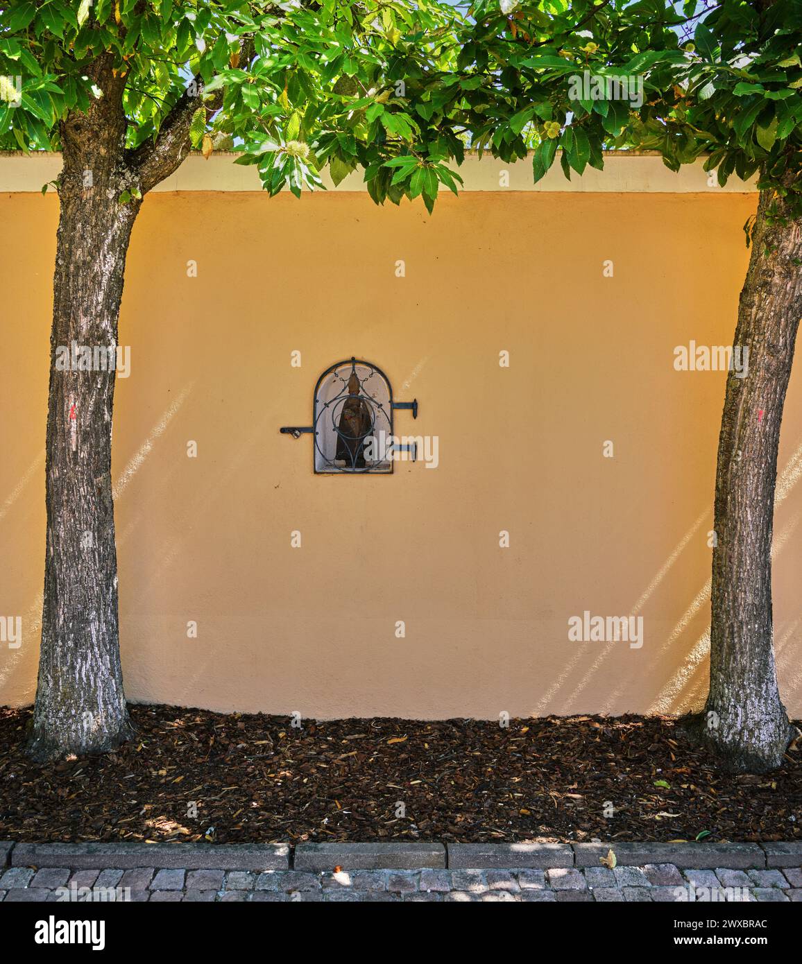 Religious statue in tiny alcove on old stucco wall framed by two trees ...