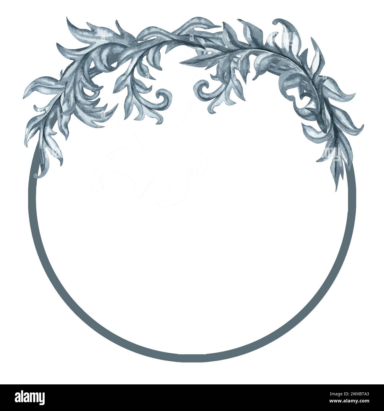 Watercolor monochrome gray round frame of abstract plant patterns and ...
