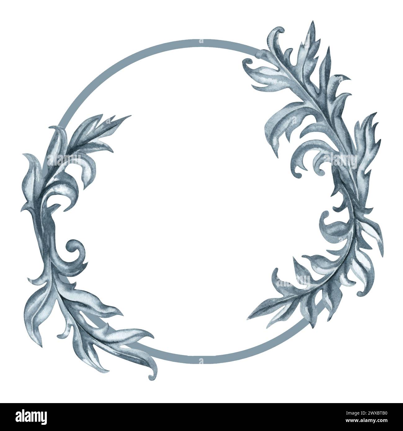 Watercolor monochrome gray round frame of abstract plant patterns and ...