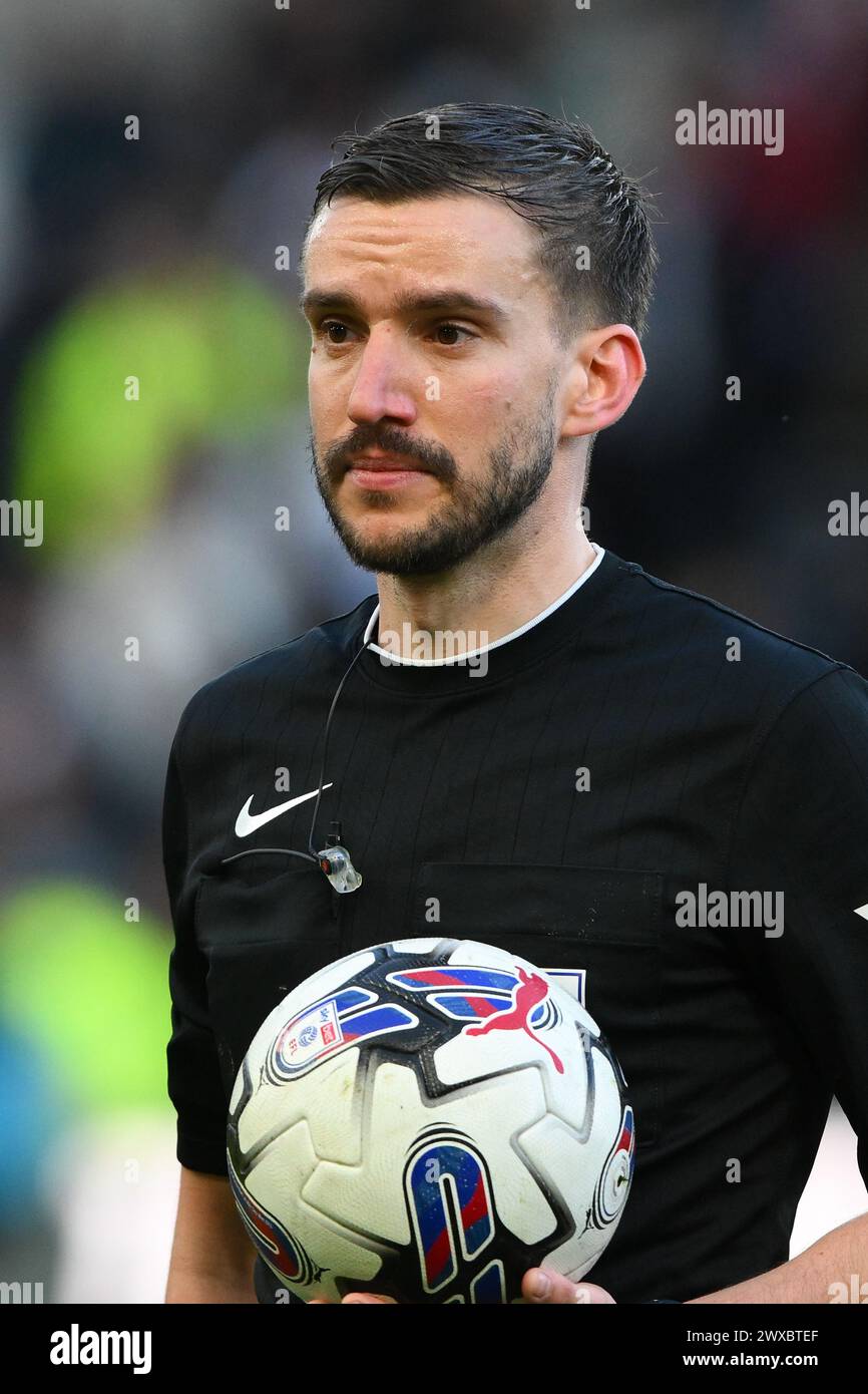Referee, Thomas Kirk during the Sky Bet League 1 match between Derby County and Blackpool at the ...