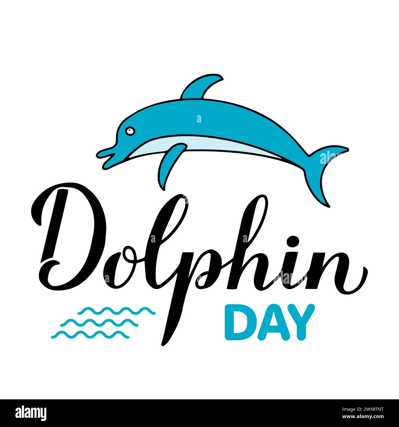 National Dolphin Day calligraphy hand lettering with cute cartoon ...