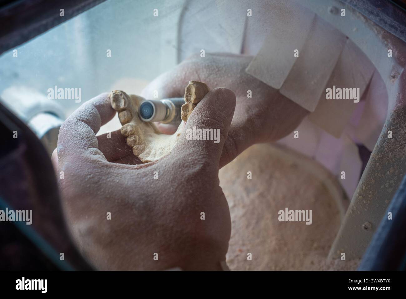 detail of the hands of a dental technician polishing the details of a ...