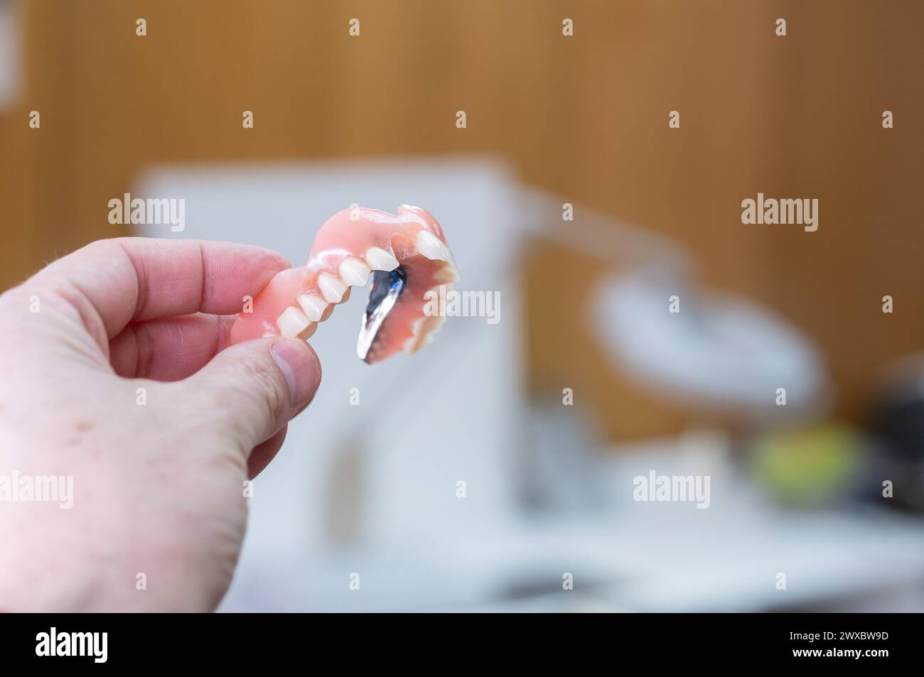 A denture lab technician holds a denture he is working on. in the ...