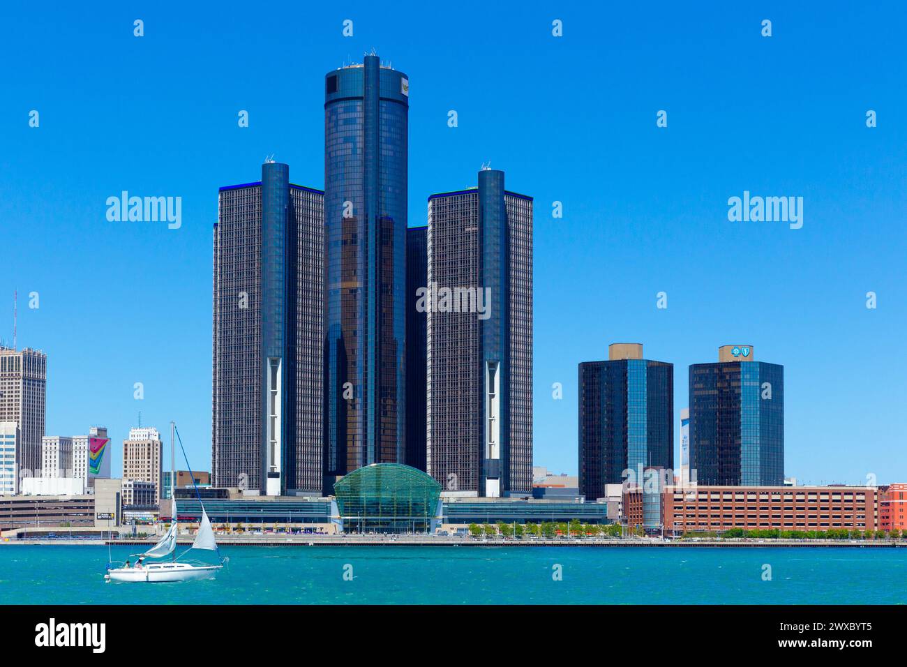 The Renaissance Center in Detroit, Michigan, USA, seen from the Detroit ...