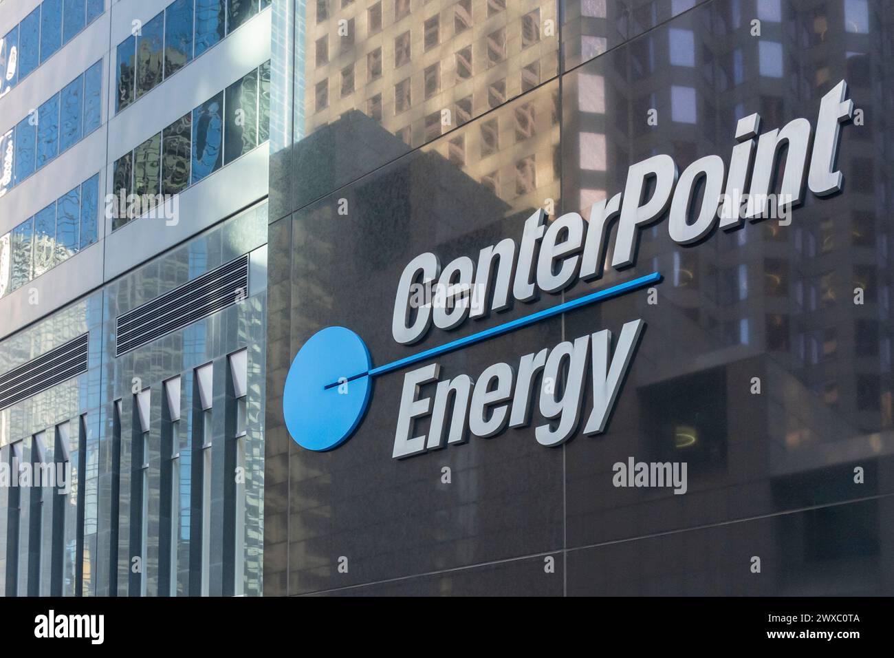 Houston, Texas, USA - February 27, 2022: CenterPoint Energy sign outside its headquarters in ...
