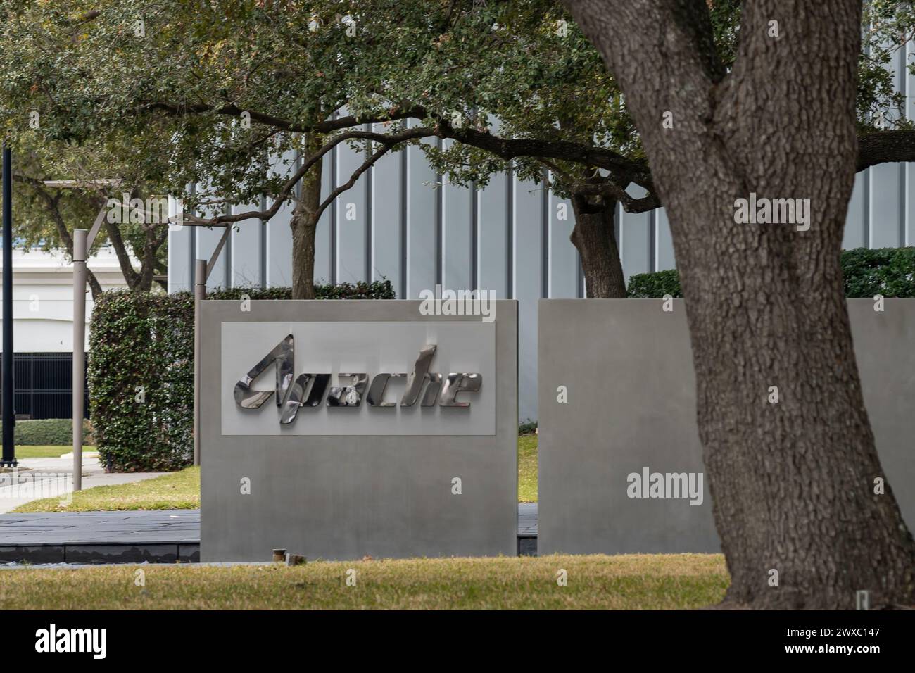 Houston, Texas, USA - February 15, 2022: Apache’s sign at their ...